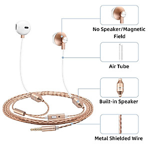 ibrain Air Tube Headphones EMF Free Airtube Earbuds Wired with Patented Air Tube Technology for Safe Listening Mode Air Tube Headset Noise Isolating in-Ear Earbud with Mic - Gold