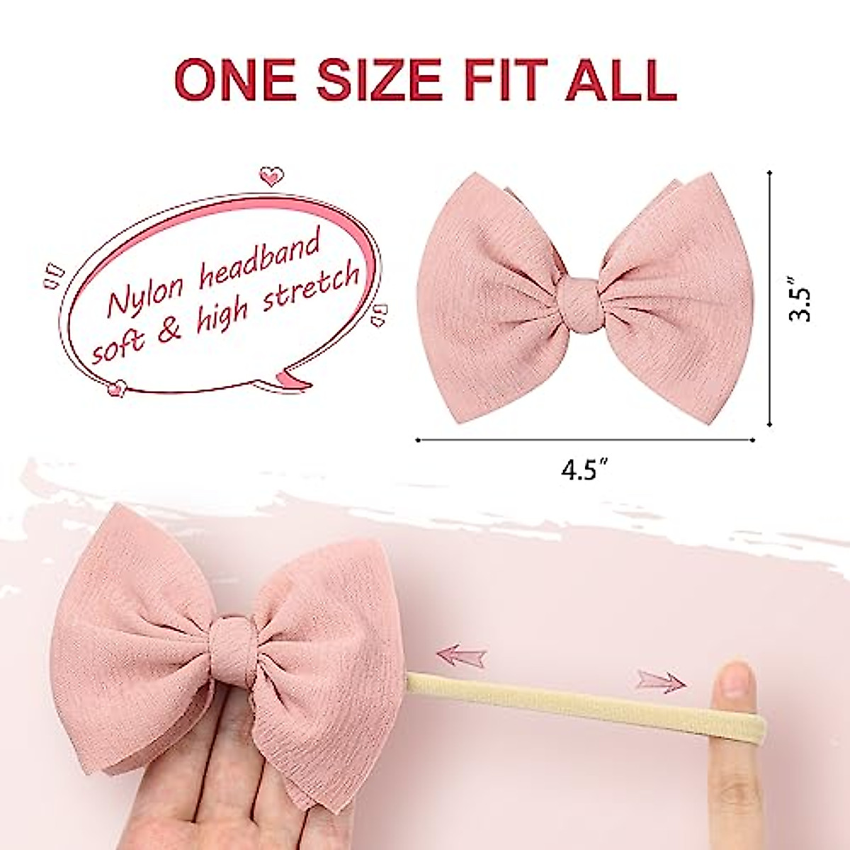 YanJie 4.5'' Bow Baby Girls Nylon Headbands Newborn Tied Bows Handmade Hair Bows Hairbands Hair Accessories for Newborn Infant Toddlers Kids 10 Pcs