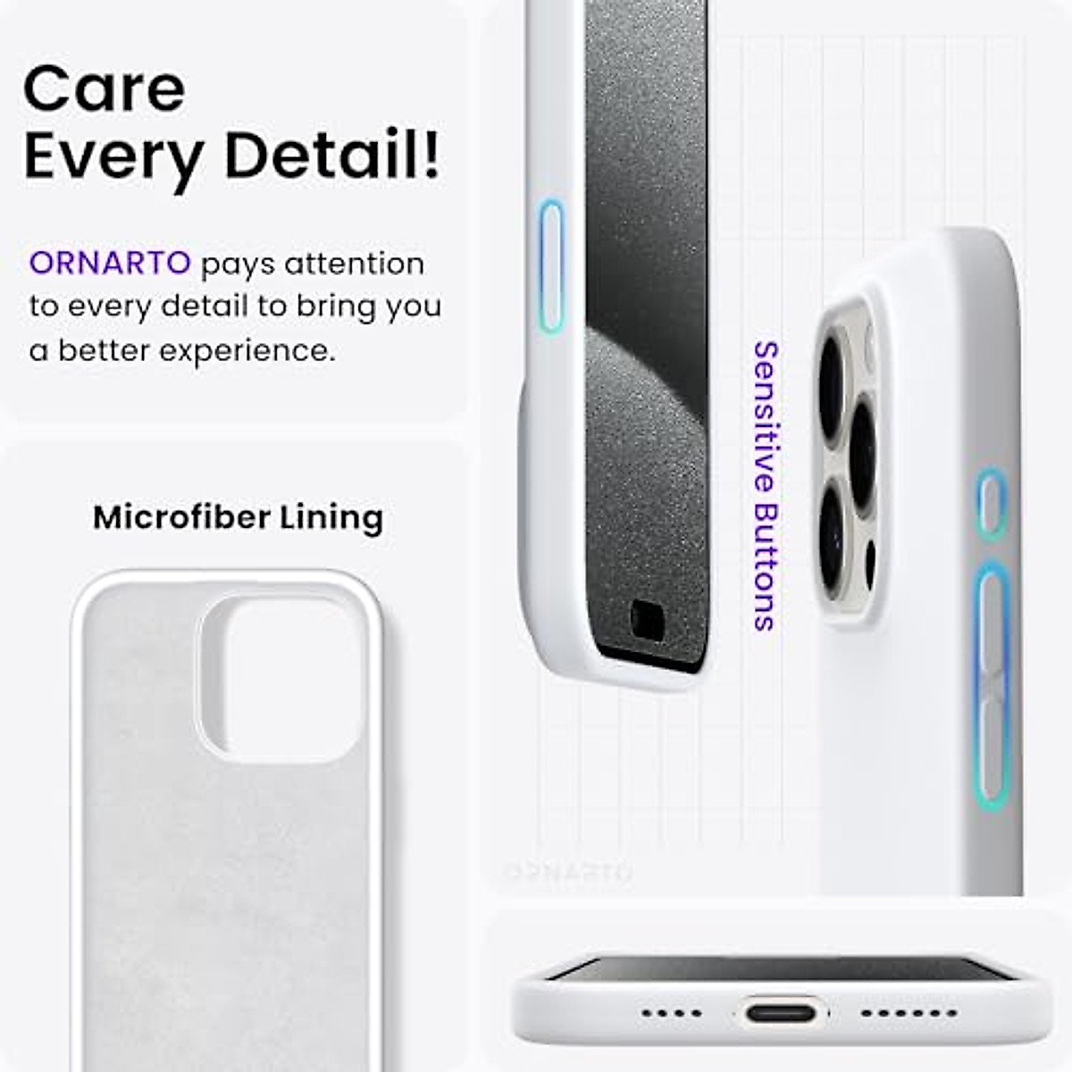 ORNARTO Compatible with iPhone 15 Pro Max Case 6.7", Slim Liquid Silicone 3 Layers Soft Gel Rubber Shockproof Protective Phone Case with Anti-Scratch Microfiber Lining-White