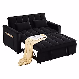 Antetek Convertible Sleeper Sofa Bed, 3 in 1 Velvet Loveseat Futon Sofa Couch with Pullout Bed, Black, 54"
