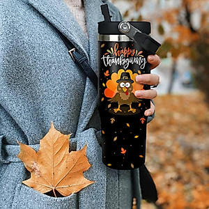 aquoechd 30 oz Fall Tumbler with Lid and Straw, Autumn Leaf and Turkey Flip Straw Tumbler Insulated Coffee Travel Mugs Cup Water Bottle Fall Thanksgiving Gifts for Women Girls