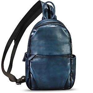 Genuine Leather Sling Bag Retro Crossbody Sling Backpack Handmade Chest Vintage Shoulder Daypack Purse Fanny Pack (NavyBlue)
