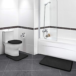 FEELSO Memory Foam Bath Mat Set, 3 Piece Bathroom Rugs Non Slip and Absorbent Mats, 20x31 Inches Floor Mat, 20x22 Inches U-Shaped Contour Rug and Toilet Lid Cover for Tub Shower & Bath Room, Black