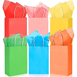LovesTown 18PCS Gift Bags with Tissue Paper, Party Favor Bags with Handles Small Gift Bags Set 6 Colors for Gift Wrap Birthday and Wedding