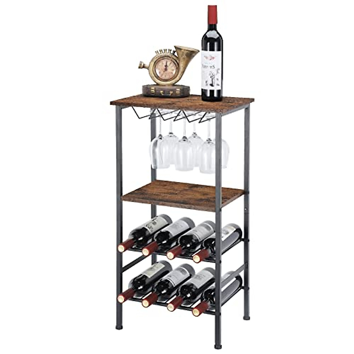 Wine Rack Table, FreeStanding Wine Bar Rack, Wine Bar Cabinet with GlassBottle Holder, Metal and Wood Industrial Wine Cabinet for Home, Floor Liquor Wine Cabinet Storage, for Bar Kitchen Dining