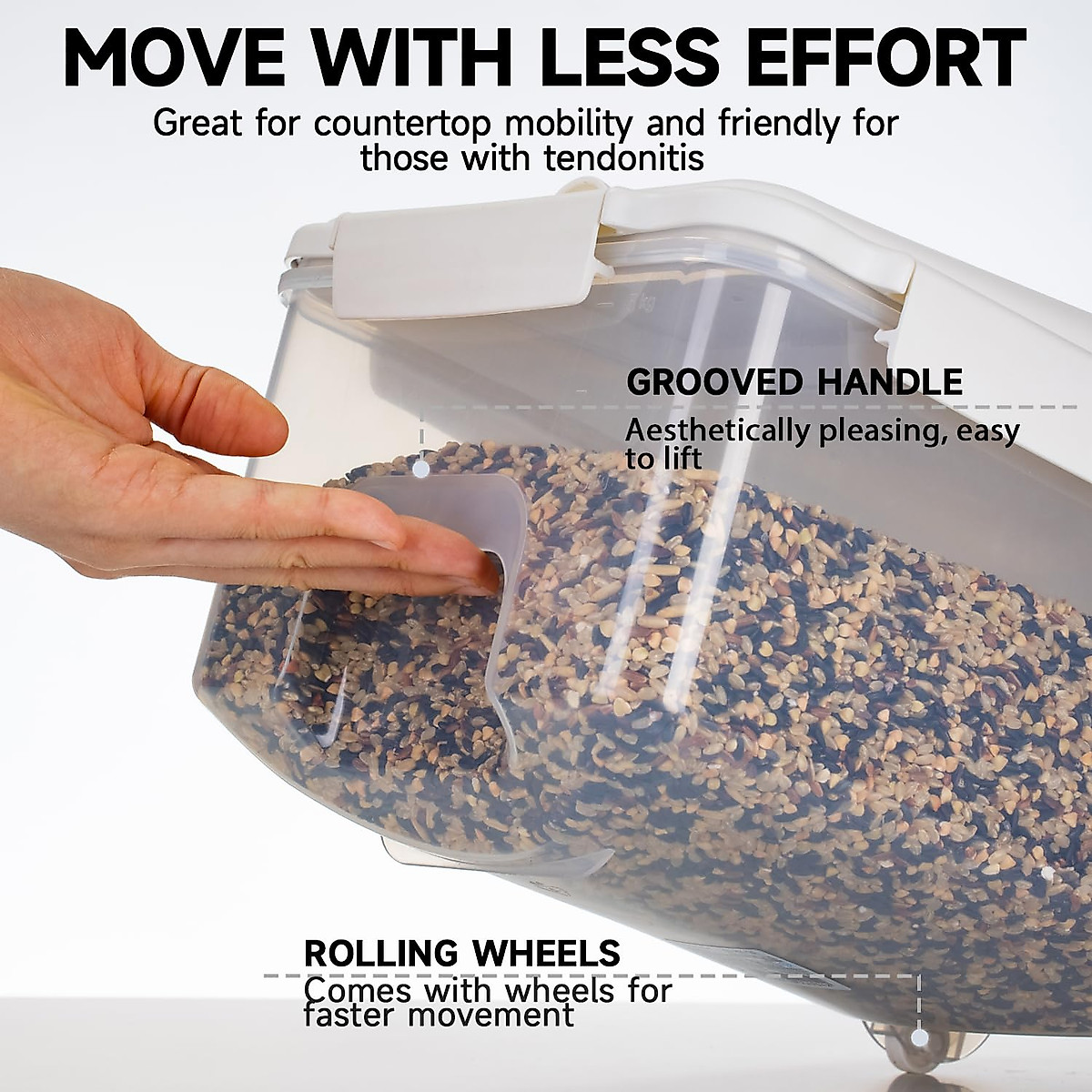 LivLab Mker Rice Storage Container 20 lbs - 15 lbs Airtight Flour Dispenser with Lids & wheel, BPA Free, kitchen organizers for Pet/Cat/Dog Food Storage Container (10 lbs), White