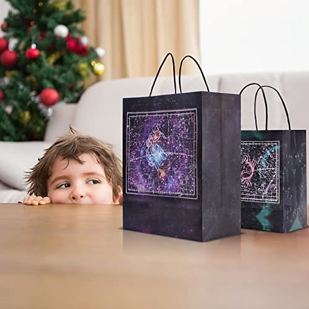 Obami Glow in the Dark Gift Bag with Creative Luminous Constellation Design, 24 pcs include 12 Paper Kraft Bags of 3 Different Sizes & 12 Wrapping Papers