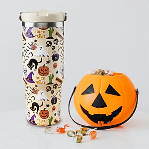 30oz Halloween Tumbler with Handle and Straw, Goth Black Cat Insulated Tumbler, Pumpkin Bat Skull Leak Proof Travel Coffee Mug, Reusable Stainless Steel Witch Tumbler, Halloween Gifts for Women