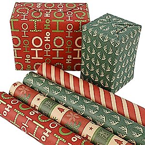Lulu Home Christmas Wrapping Paper Set, 10ft x 30inch - 4 Rolls (100 sq. ft. ttl.) Kraft Brown Wrapping Paper, Assorted Rustic Thick Gift Jumbo Wrapping Paper for Xmas Holiday Present Packaging