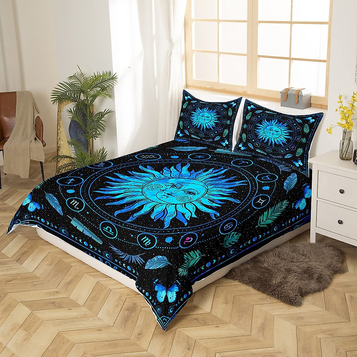 Sun and Moon Comforter Cover Constellations Astrology Bed Sets Moon Phase Duvet Cover King Green Botanical Leaves Bedding Exotic Feather Bedspread Cover with Zipper Closure Black Blue 3 Pieces Cozy