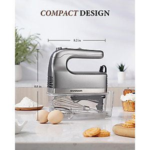 SHARDOR Hand Mixer, 450W Handheld Mixer with Storage Case 5-Speed Plus Turbo Hand Mixer Electric With 5 Stainless Steel Attachments(2 Beaters, 2 Dough Hooks and 1 Whisk), Silver
