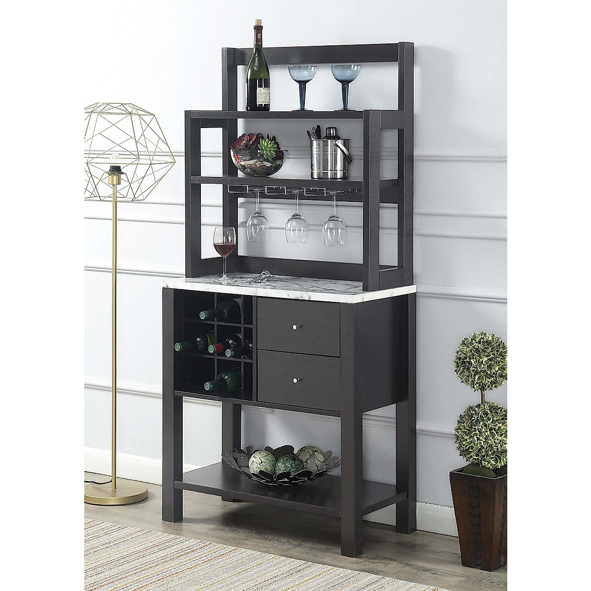 Convenience Concepts Newport Serving Bar, White Faux Marble/Espresso