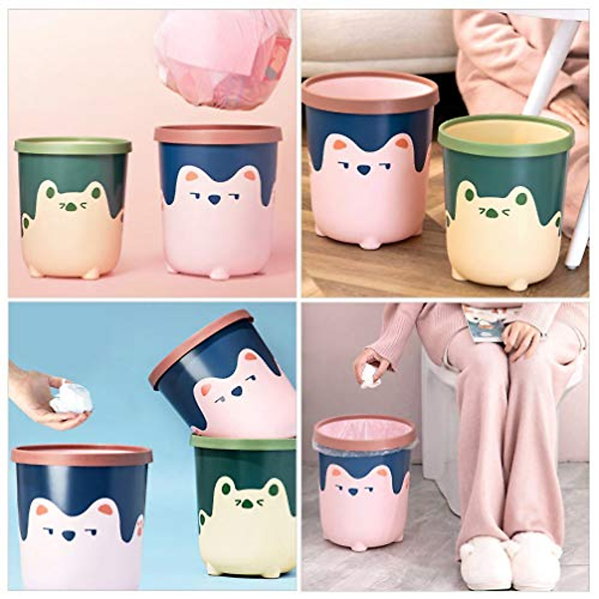 Hemoton Trash Can Plastic Garbage Can Cute Round Wastebasket Trash Bin Waste Container for Home Kitchen Bathroom Office Pink Blue