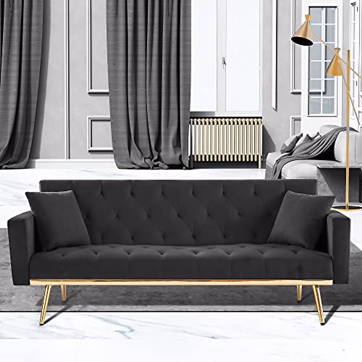 Velvet Sofa with 2 Throw Pillows,Chesterfield sofa Bed Living Room Couch with 4 Gold Metal Legs,W73" Convertible Folding Upholstered Couches,Loveseat sofas for small Spaces Bedroom Apartment (Black)