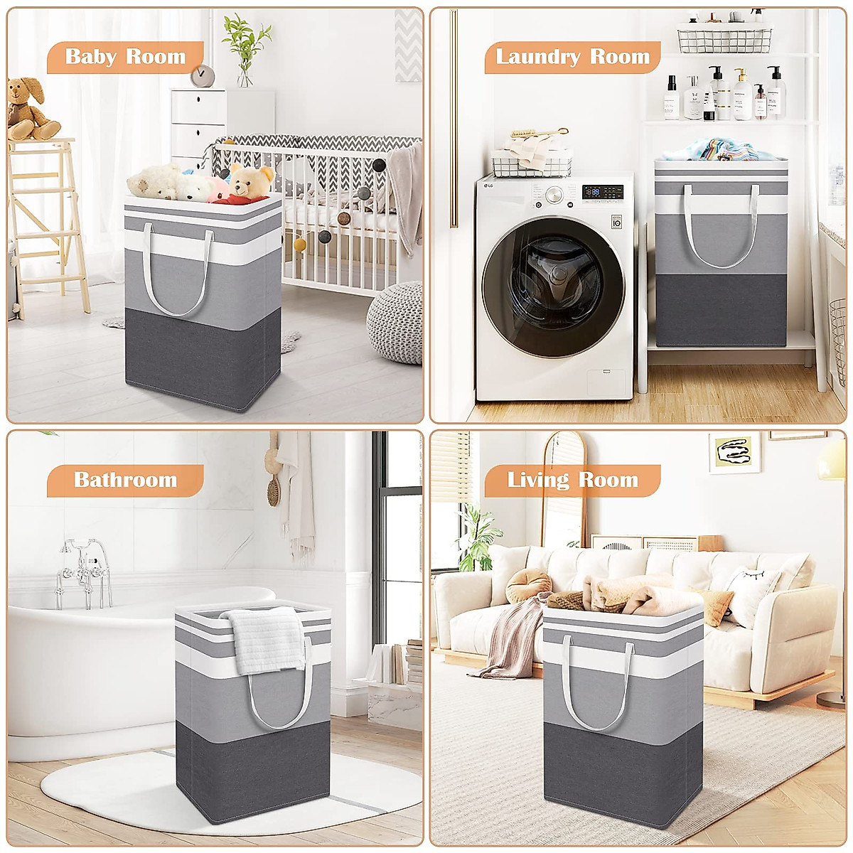 ToteTastic 3-Pack Laundry Basket, Freestanding＆Waterproof Laundry Hamper, Collapsible Tall Clothes Hamper with Easy Carry Handles for Clothes, Towels＆Toys in the Family and Dorm,Gradient Grey,75L