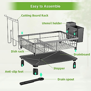 Dish Drying Rack - Stainless Steel Dish Rack for Kitchen Counter, Dish Drainer with Utensil Holder, Space-Saving, Rust-Resistant Dish Rack for Dishes, Glasses, and Cutting Board, 12''W x 15''L, Black