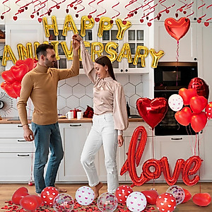 Anniversary Decorations Valentines Day Decorations Valentines Day Balloons with Happy Anniversary Banner Heart Balloons Heart Hanging String Rose Petals for Valentines Romantic Decorations