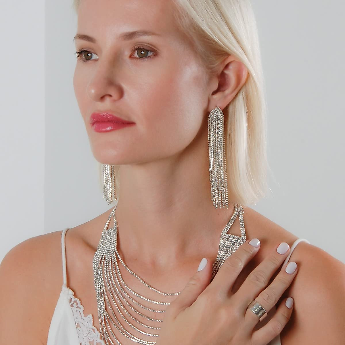 Humble Chic Simulated Diamond Earrings - Oversized Darling Waterfall Tassel CZ Statement Chandelier Studs, Cascade - Silver