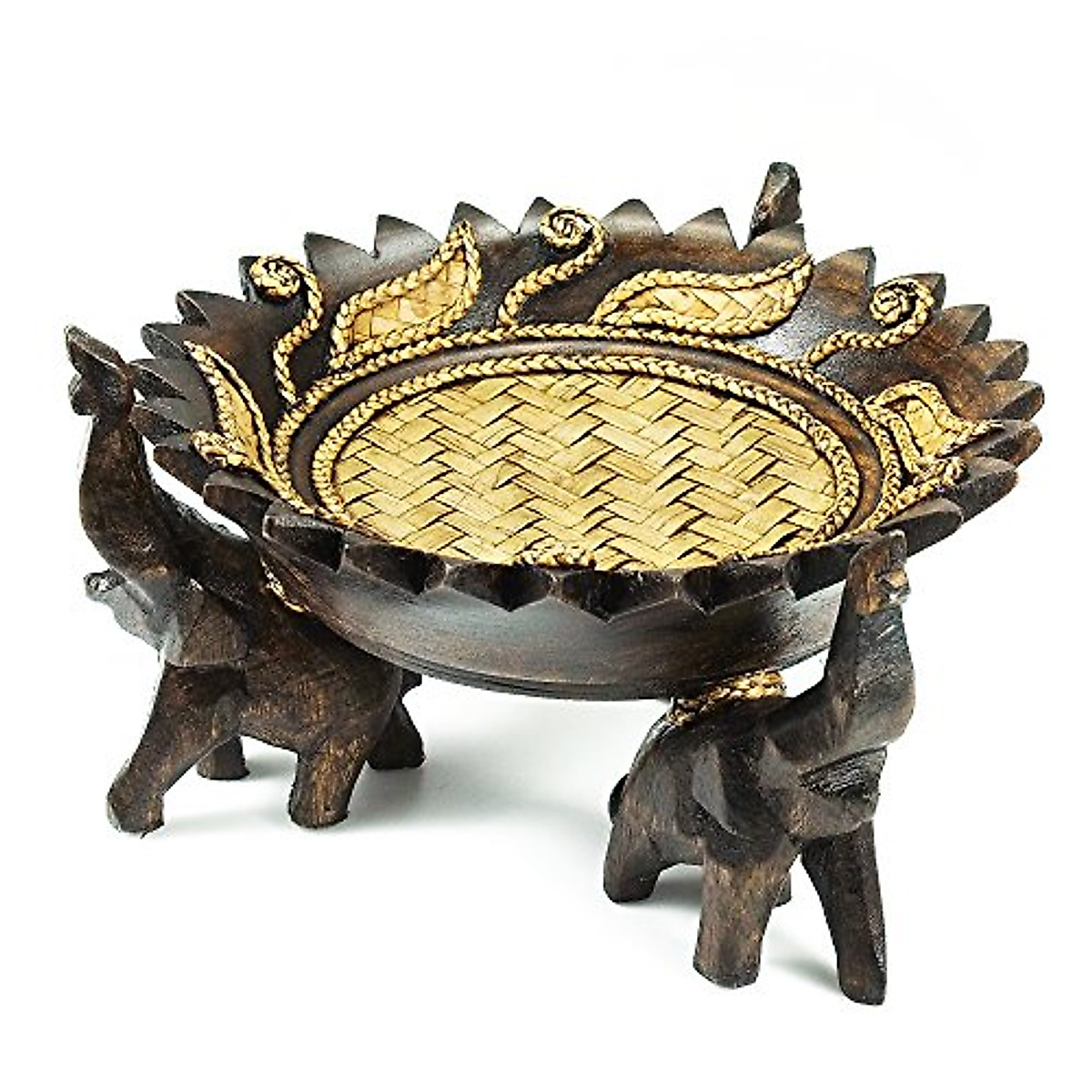 AeraVida Rejoicing Elephant Leaves Carved Rain Tree Circular Wooden Tray