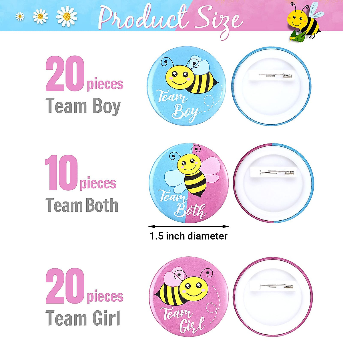 Dilunave 50 Pieces Bee Gender Reveal Button Pins Team Boy, Girl or Both Buttons Pins Badges kit Bee Theme Gender Reveal Party Favors in Pink and Blue for Baby Shower Gender Reveal Party Game Supplies