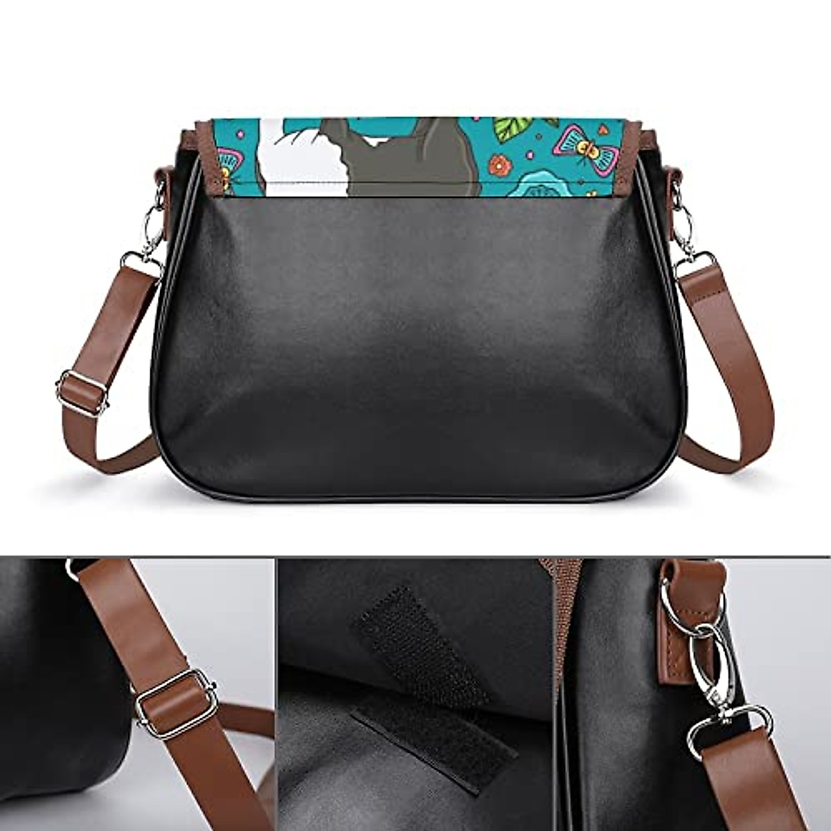 Satchel Bag For Women Boston Terrier And Beautiful Flowers Waterproof Leather Crossbody Handbag Messenger Bag For Ladies