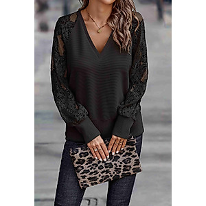 Trendy Queen Womens Long Sleeve Shirts V Neck Fall Clothing 2023 Blouses Dressy Puff Lace Casual Bobo Crochet Hollow Out Loose Work Tunic Tops Black