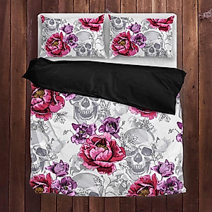 Gearider White Skull Bedding Sets for Teen Women, Death Skull Pattern Duvet Cover Set, Skeleton Theme Peony Floral Bedding Set Queen Size