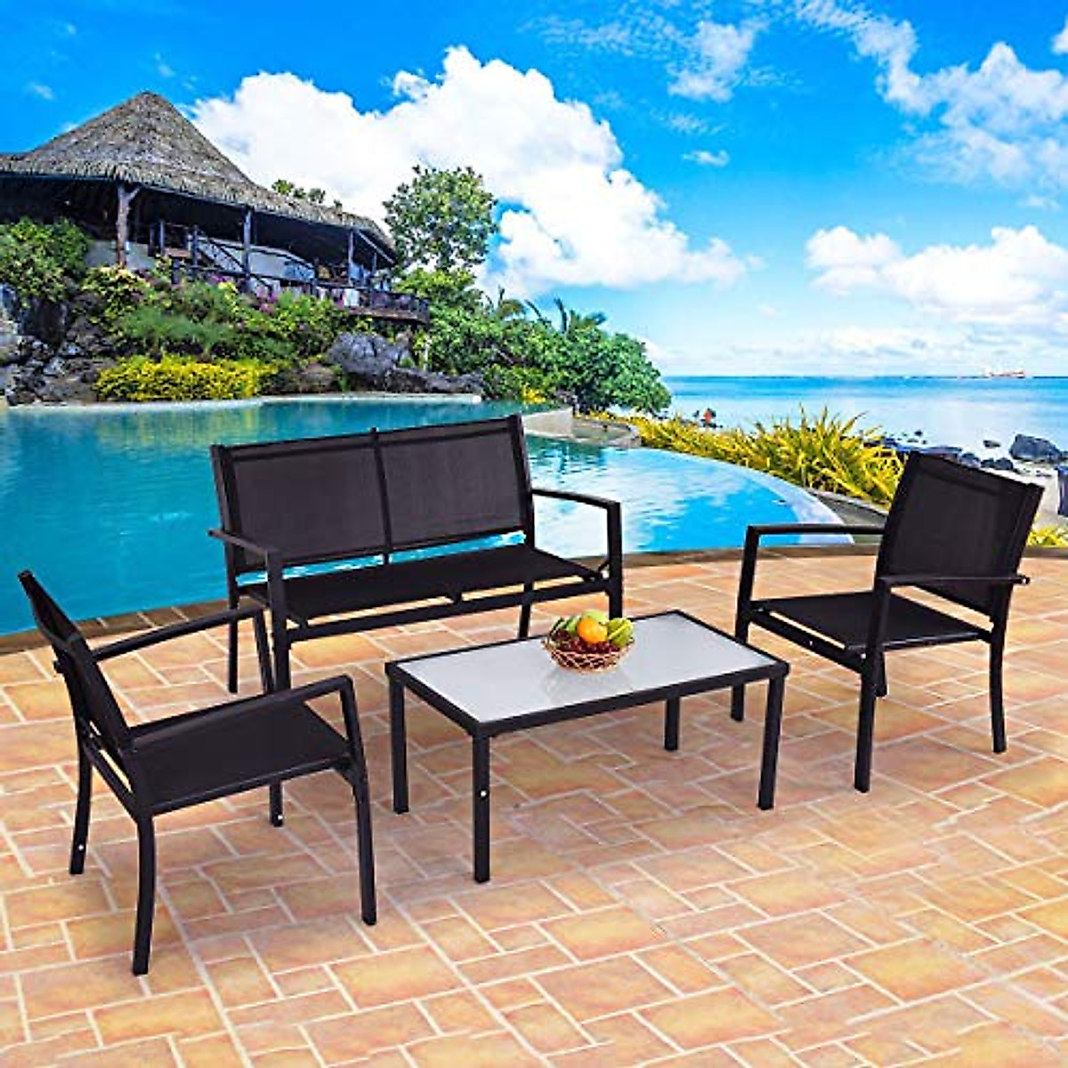 ReunionG 4 Pcs Patio Furniture Set Sofa Loveseat Tee Table for Outdoor Garden Yard Pool Side