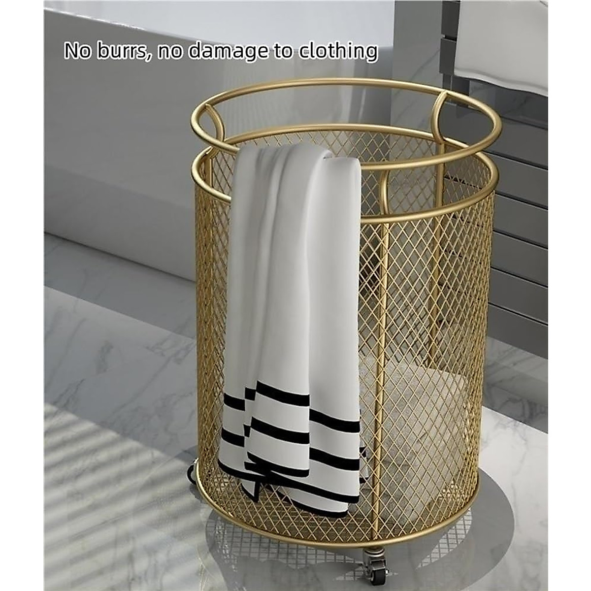 ZYHYZLF Metal Laundry Hamper with Wheels, Laundry Basket, Round Mesh Dirty Clothes Hamper, Laundry Basket Storage for Bathroom Laundry Room Living Room Bedroom or Balcony(Gold)