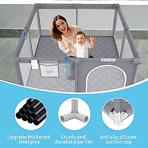 JUSONEY Baby Playard,Baby Playpen with Mat,50”×50” Baby Playpen for Toddler with Gate, Indoor & Outdoor Playard for Kids Activity Center with Anti-Slip Base,Sturdy Safety,Soft Breathable Mesh-Grey
