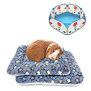2 Packs of Square Plush Guinea Pig Bed and 1 Small Animals Playpen (Size XS), Cozy Hamsters Sugar Glider Hedgehog Sleep Bed, Rabbit Cage Accessories Mat