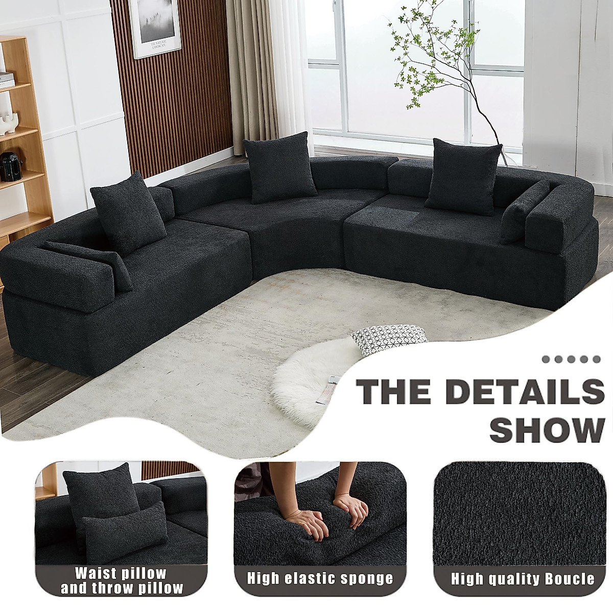 JUSTONE 111" Sectional Sofa for Living Room,Oversized Combination Sofa,Curved Sofa,Semicircular Modular Sofa with 4 Pillows for Home Office,3 Piece Free Combination(Black)