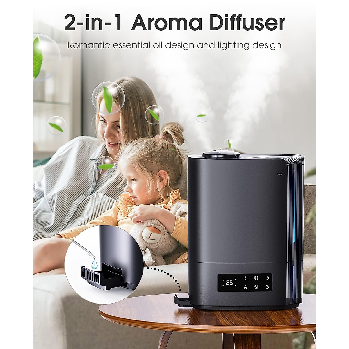 Humidifiers for Bedroom, 6L Top Fill Cool Mist Humidifiers for Large Room for Plants,TABYIK Air humidifier with Humidistat and Timer, with Essential Oil Diffuser Quiet for Home Black
