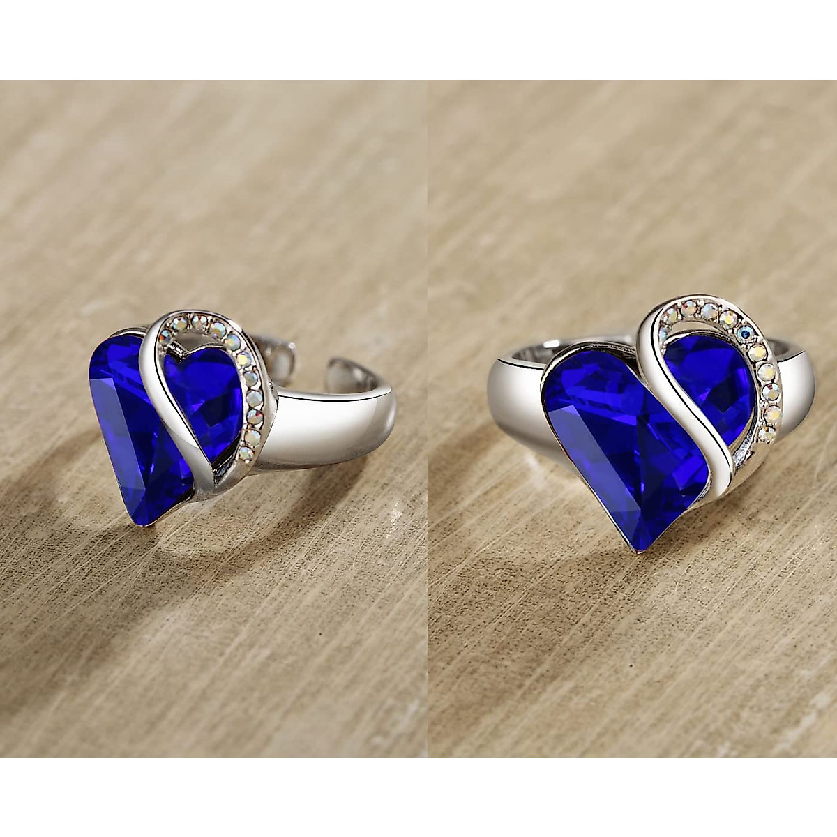 Leafael Infinity Love Women's Adjustable Heart Ring with Sapphire Blue Birthstone Crystal for September, Healing Stone for Wisdom, Jewelry Gifts for Women, Silver-Tone, Open End, Size 6.5-12