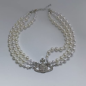 Saturn Pearl Necklace White Pearl Choker Necklace for Women Crystal Rhinestone Planet Necklace Gifts for Mum Wife Girlfriend Wedding Birthday Anniversary (silver, Zinc Alloy)