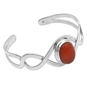NOVICA Artisan Carnelian Cuff Bracelet and Sterling Silver from Indonesia Red Flame Birthstone [6 in L (end to End) x 1.1 in W] ' Dna in Scarlet'
