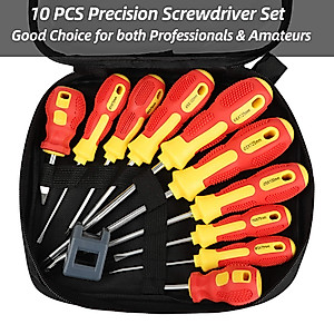 VHEONET Magnetic Screwdriver Sets 10 PCS,Craftsman Screwdriver Set with Bag,Flat Head Phillips Screwdriver, Non-Slip Cushion Grip for Repair Home Improvement,Red & Yellow
