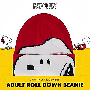 Peanuts Snoopy Beanie Hat, Knit Roll Down Cuffed Winter Cap, Red, One Size