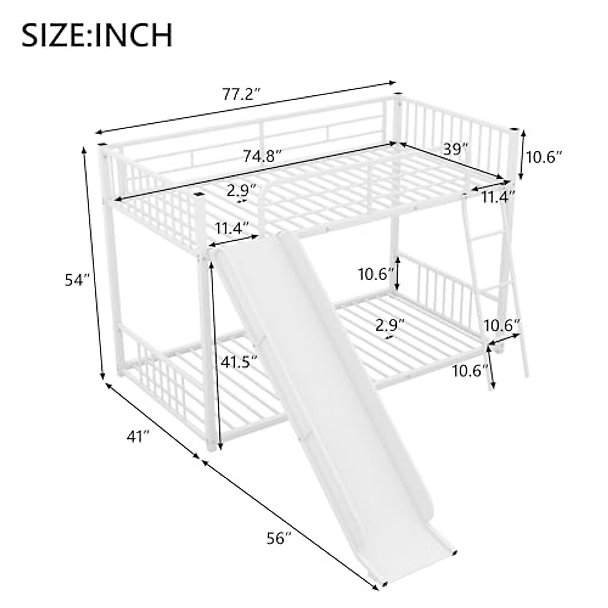 BOVZA Twin Over Twin Low Bunk Bed with Slide, Metal Bunk Bed Frame with Metal Slats Support and Guardrails for Kids Boys Girls Teens, No Box Spring Needed, White