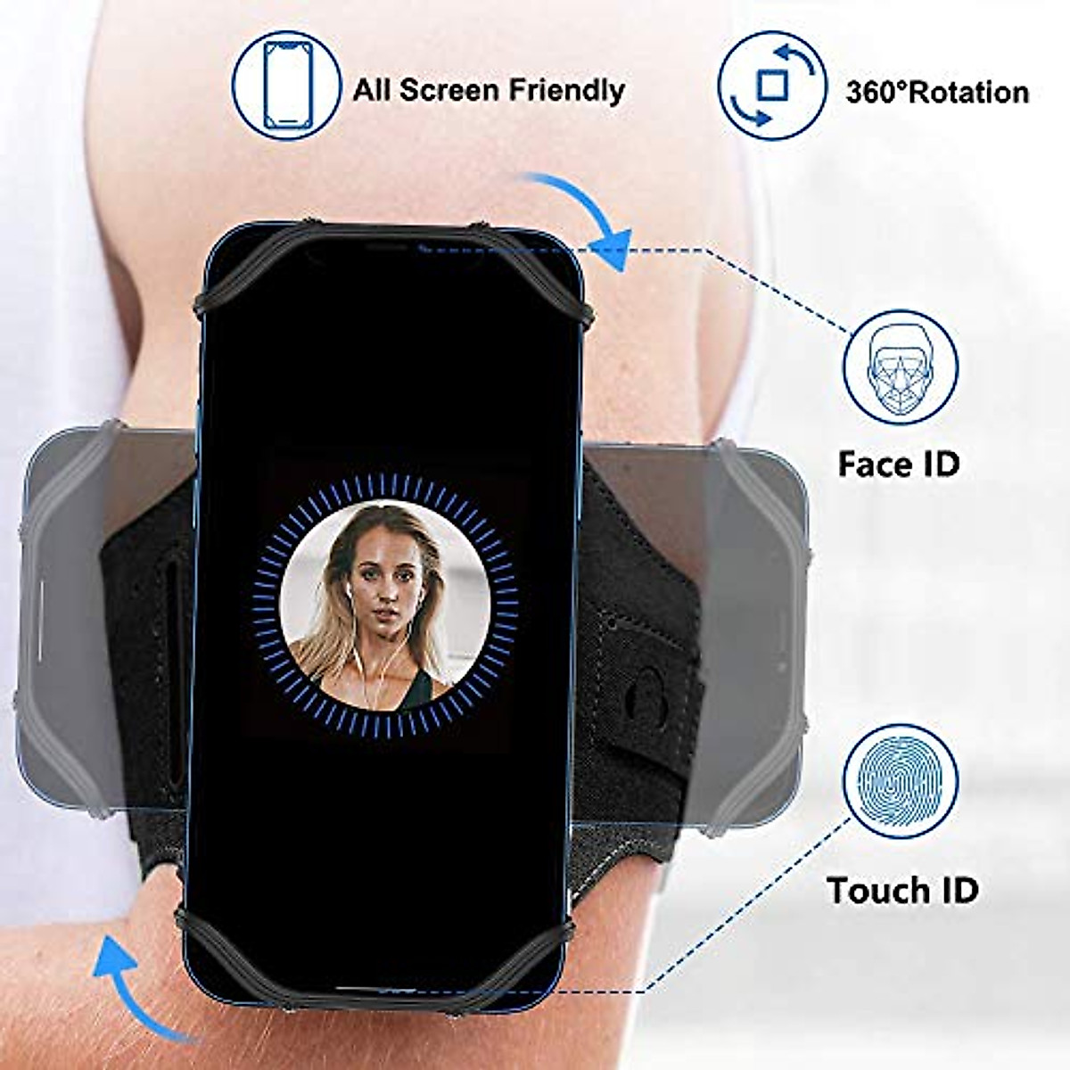 VUP Running Armband 360°Rotatable for iPhone 14/13/Pro Max/Pro/Mini/12/11/SE/Xs/XR/X/8/7/Plus, Fits All 4-6.7 Inch Smartphones, with Key Holder Phone Armband for Running Hiking Biking (Black)