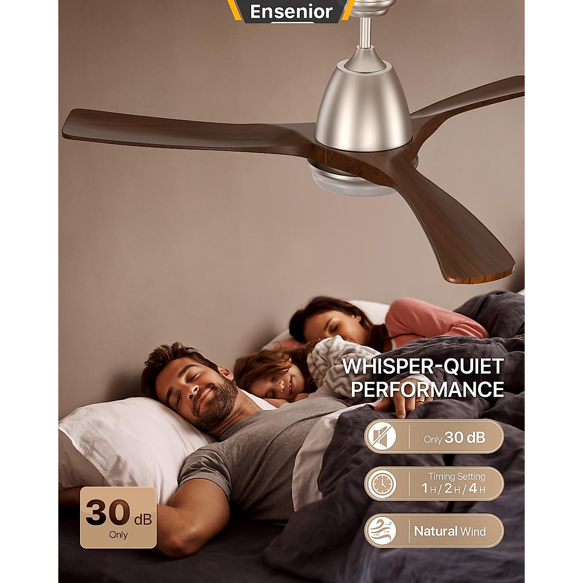 Ensenior 52’’ Wood Ceiling Fan with Light and Remote Control, Reversible and Silent DC motor, Modern Ceiling Fan with Remote for Bedroom, Living Room, 5CCT selectable LED Light, Brushed Nickel (425)