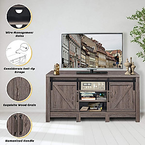 Tangkula TV Stand with Sliding Barn Doors, Modern Farmhouse Wood Entertainment Center for 55 Inch TV, Media Console Cabinet w/Storage Cabinets & Adjustable Shelves, Grey TV Stands for Living Room