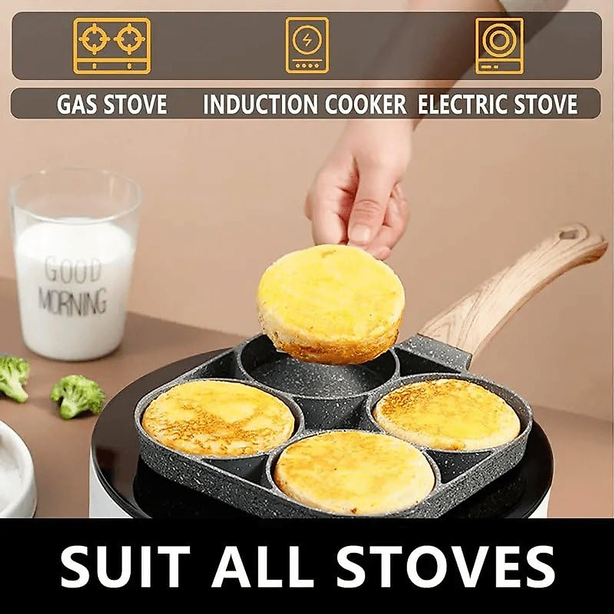 Fry Pan For Egg, Non Stick Ham Pancake Maker, Egg Burger Pan With Wooden Handle, 4 Holes, For Induction Cooker Gas Stove