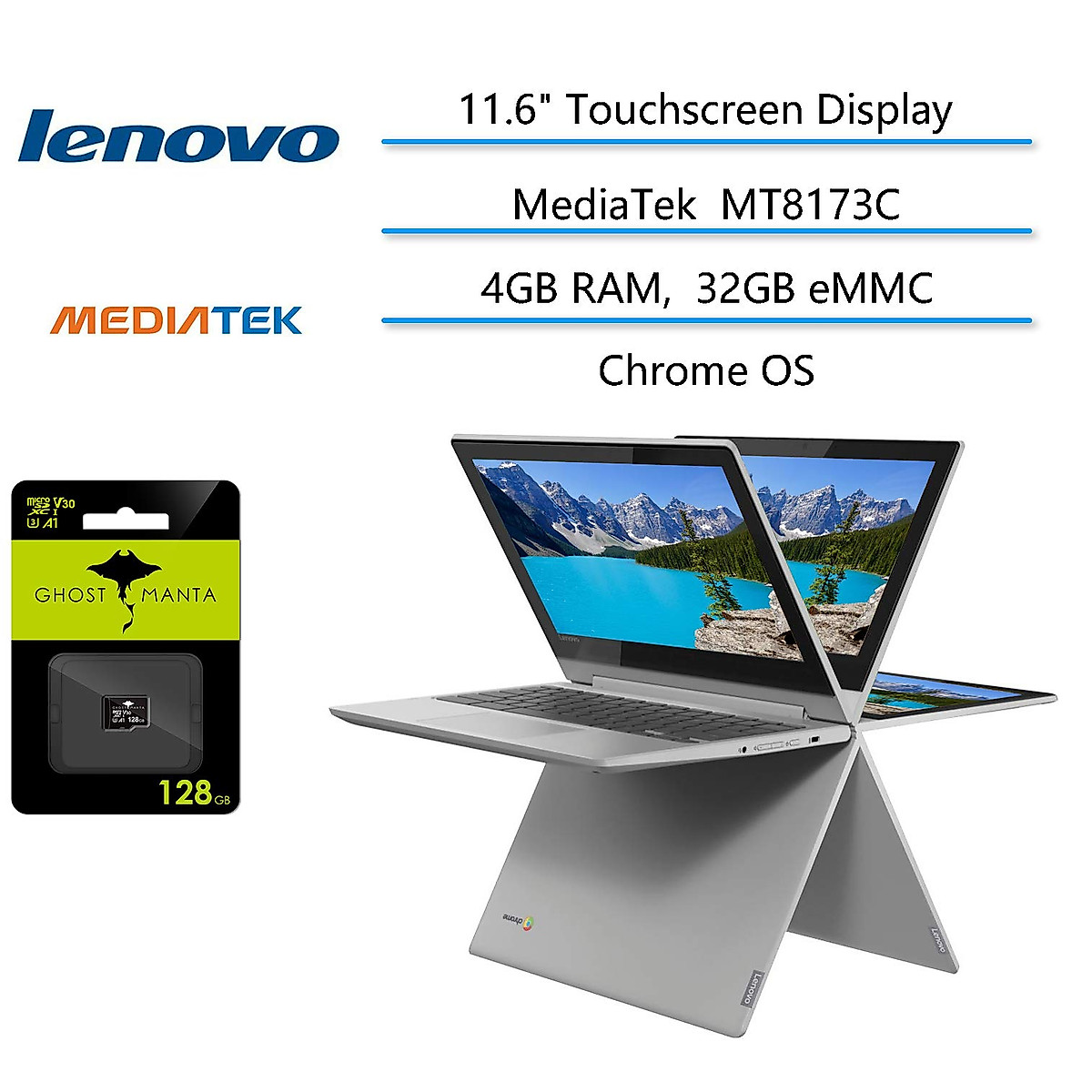 Lenovo 2021 Chromebook Flex 3 2-in-1 11.6" Convertible Touch Screen Laptop, 360°flip-and-fold Design, MediaTek MT8173C(2.1GHz,Beat N4020), 4GB Memory, 32GB eMMC, Chrome OS w/ 128GB SD Card