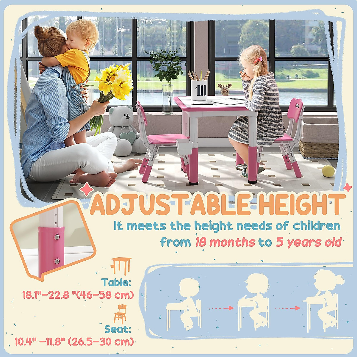 Qaba 3 Pieces Kids Table and Chairs, Height Adjustable Toddler Table and Chair Set with Storage, Easy to Wipe, Activity Table 2 Chairs for Classroom, for Daycare Classroom, 18 Months-5 Years, Pink