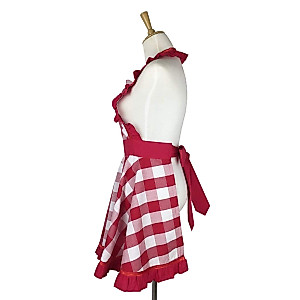 Hyzrz Lovely Retro Aprons for Women with Pocket Cotton Cooking Mother's Day Apron Dress Gift (Red Grid)