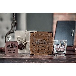 Dungeons Master gift, Whisky Glass with Gift wooden Box, full-grain leather coaster, dungeons and dragons gifts for men and women unique. Dungeons and dragons whiskey glasses