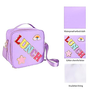 HASOIY Personalized Colorful Letter Patch Insulated Lunch Bag Custom Glitter Varsity Letters Reusable Lunchbox For Kids (purple)