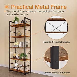 ODK 5 Tier Bookshelf, Industrial Open Bookcase Storage Organizer, Modern Tall Book Shelf for Bedroom, Living Room and Home Office, Rustic Brown