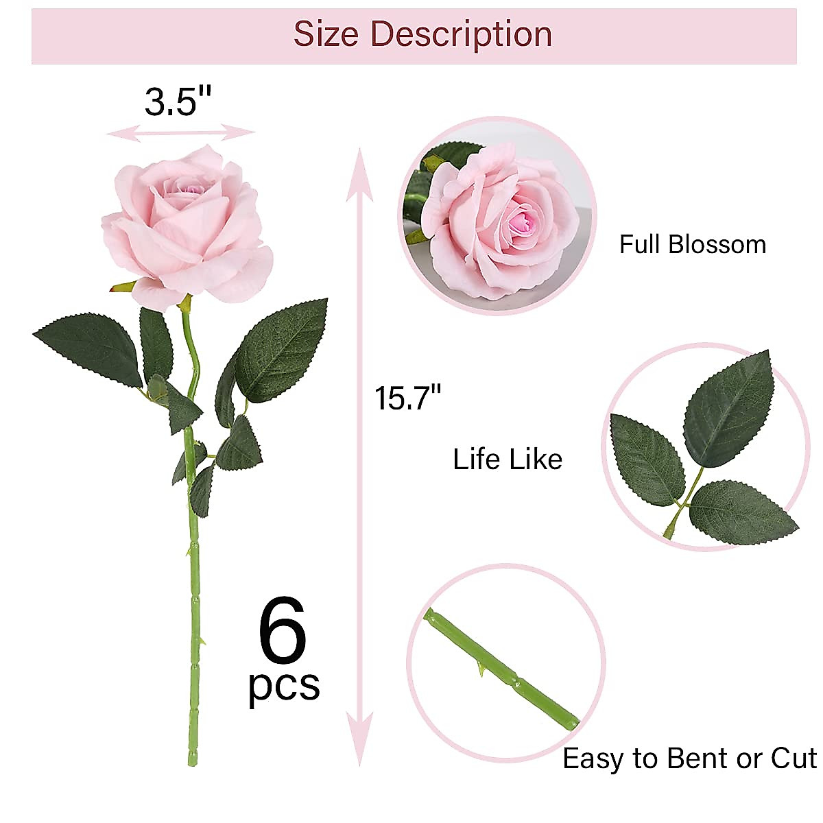 Louiesya Artificial Flowers Bouquet Silk Roses 6 Pcs Fake Flowers Real Touch Bridal Wedding Bouquet for Home Garden Party Floral Decor（Light Pink）